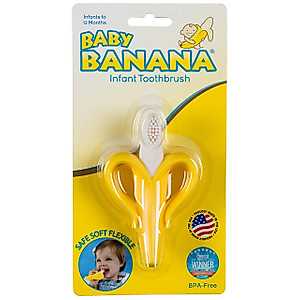 Baby Banana Yellow Banana Infant Toothbrush, Easy to Hold, Made in the USA, Train Infants Babies and Toddlers for Oral Hygiene, Teether Effect for Sore Gums, 4.33" x 0.39" x 7.87"