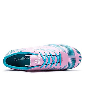 LEOCI Men's Women's Firm Ground Soccer Cleats Outdoor/Indoor Boys Girls Professional Futsal Football Training Sneakers (8 M US Women/6.5 M US Men, Pink)