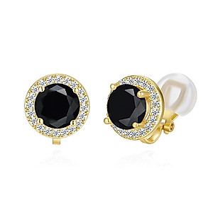 YOQUCOL 8MM Black Cubic Zirconia Crystal Clip On Stud Earrings Round Gold Non Pierced Earrings For Women