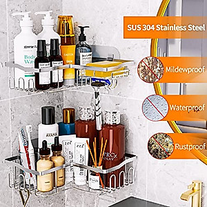 Shower Caddy Corner with Soap Holder, 2 Pack Stainless Steel Shower Organizer Corner with 11 Hooks, No Drilling & 6 Strong Adhesives Corner Shower Shelf Bathroom Organizer for Shower Room, Silver