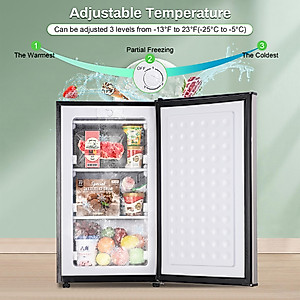 Upright Freezer 3.6 Cubic Feet, Mini Freezer with Removable Baskets, 3 Level Adjustable Temperature from -13°F to 23°F, Manual Defrosting, Reversible Stainless Steel Door, Suitable for Home, Silver