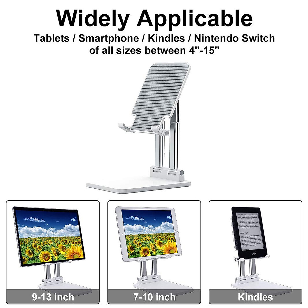Rosa Schleife Tablet Stand Adjustable Height, Foldable Tablet Holder, Dual Tube Aluminum Solid Tablets Holder, Compatible with iPad, Kindle, Microsoft Surface, Tab, E-Reader, 4-15'' (White)