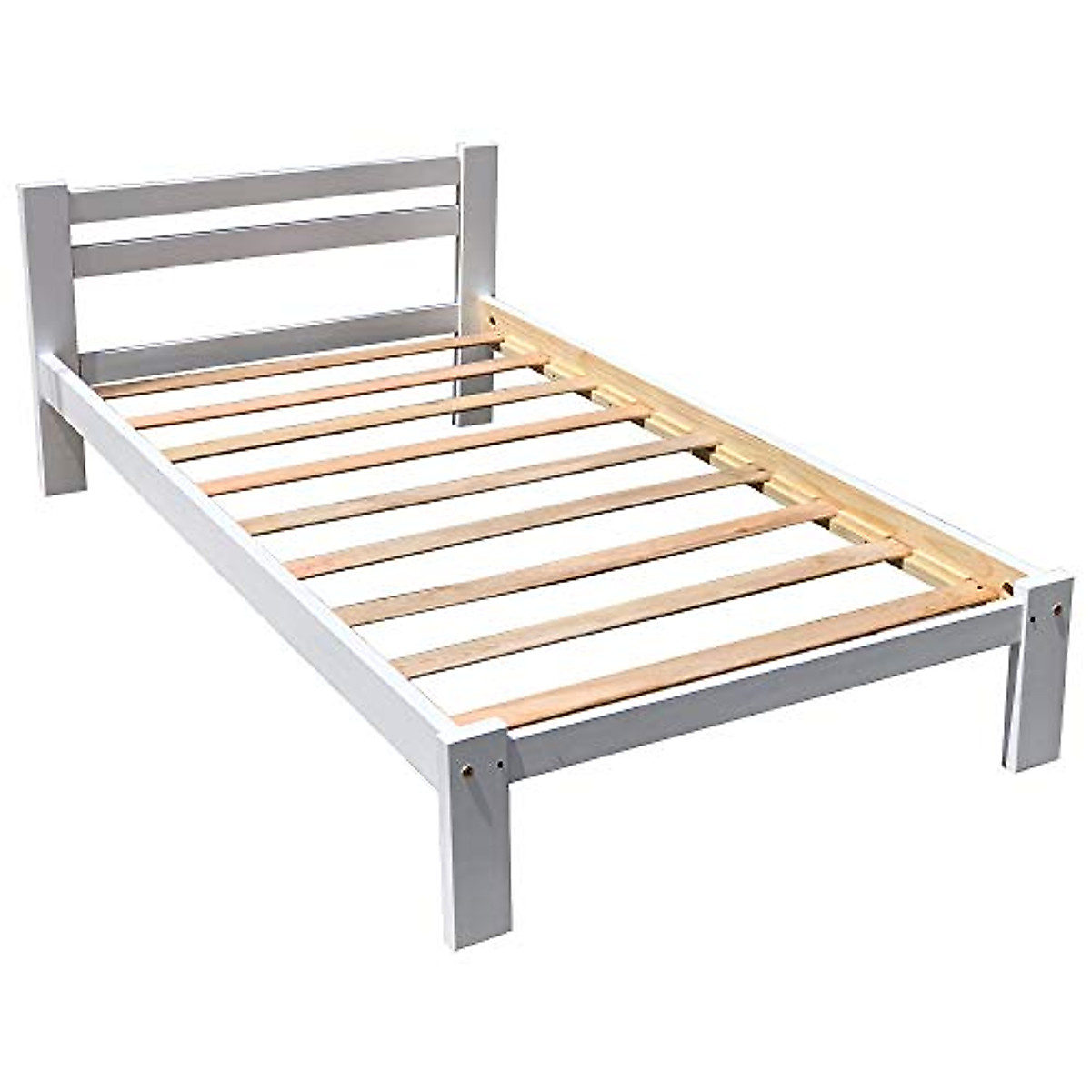 Amazonas Twin XL Size Bed Frame Solid Pine Wood and Hardwood Slats Support White Finish Wooden White Kids Bed Single Suitable for Boys Girls Teen Bedroom Wooden Bed Frame