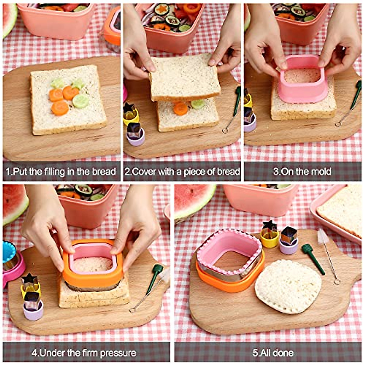 10pcs Stainless Steel Sandwich Cutter and Sealer Set for Kids, Star & Heart & Circle & Square Shape food Cutters,Cookie Cutters Vegetable Fruit Bread Biscuit Cutters for Kids Lunch and Bento Box