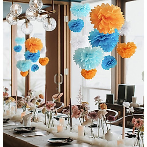 20PCS Acqua Blue,Light Blue,Orange & White Tissue Paper Pom Poms Set-Ideal for Birthday,Bridal Showers,Wedding,Baby Shower Party Decorations (14",10",8",6)