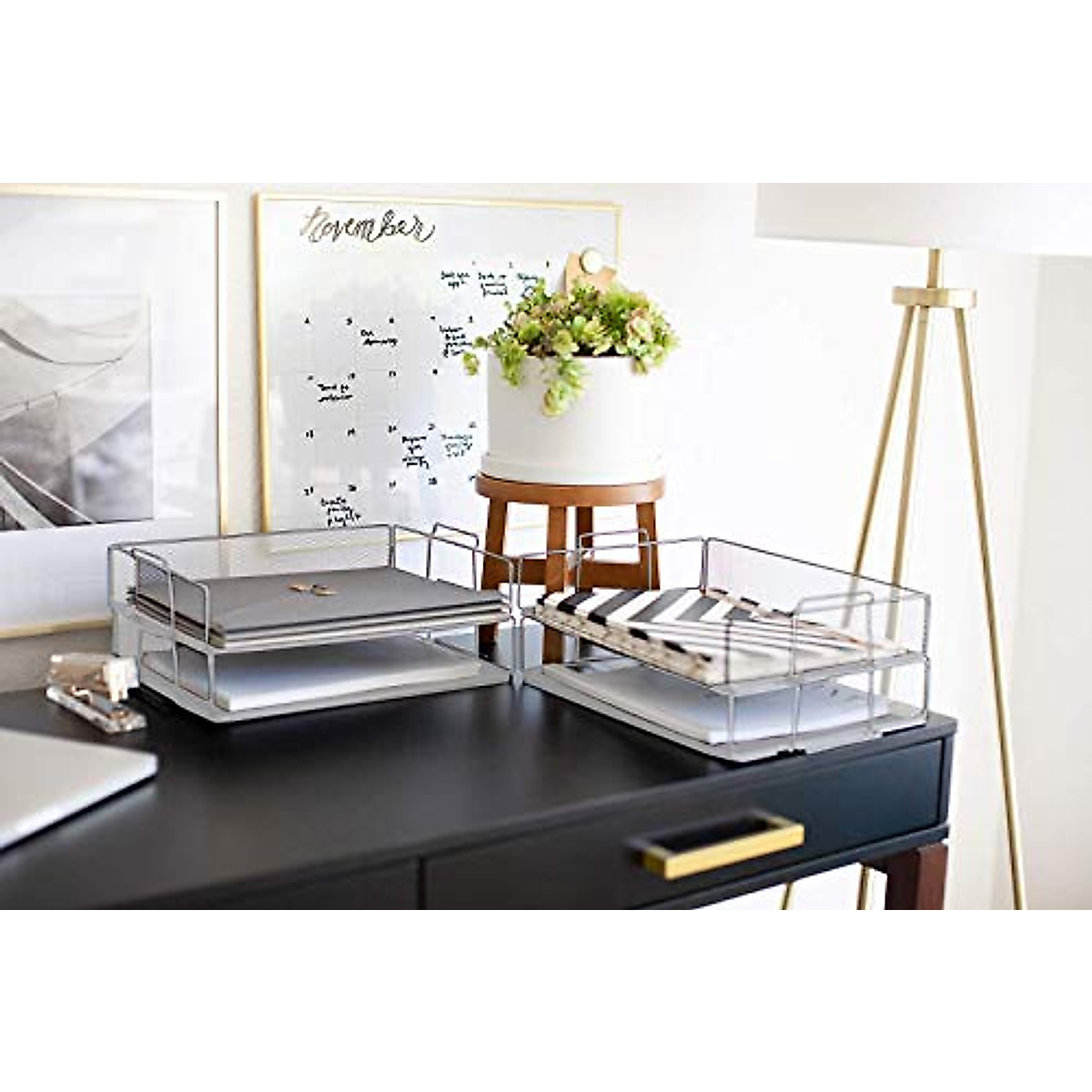 Blu Monaco Desk Organizers and Accessories Stackable Paper Tray - 4 Tier Stackable Letter Trays - Silver Metal Mesh File Holder Organizer