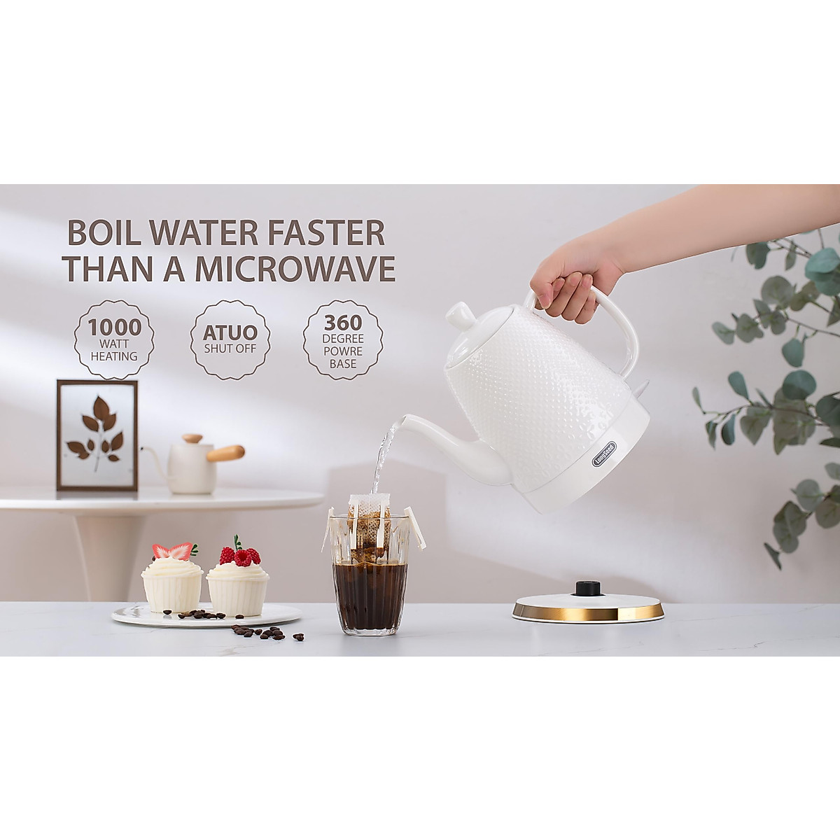 LONGSEED Ceramic Electric Kettle with Fine Mesh Infuser, 1.2L/1000W Boil Water Quickly and Easily with Boil-Dry Protection Auto Shut Off, Detachable Swivel Base, Glazed Relief Carving