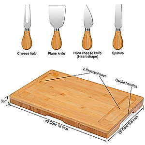 Bamboo Cheese Board Set with Drawer Wooden Charcuterie Tray Platter Including 4 Stainless Steel Knife and Serving Utensils, Gift Idea for Birthdays, Wedding Registry, Housewarming