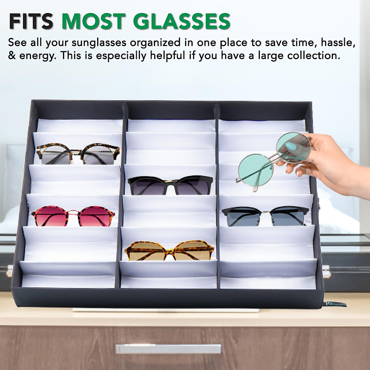 ProSource 18 Piece Sunglass Eyewear Eye Wear Display Tray Case Stand. Also Great for Watches and Jewelry, black