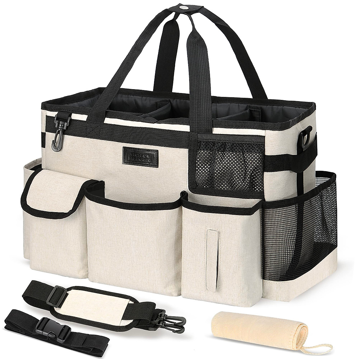 Cleaning Caddy Organizer with Handle - Large Caddy Bag for House & Bathroom Cleaning Supplies, 15 x 8 x 10.5 inches Cleaning Supply Caddy, Housekeeping Tote with Adjustable Strap - Beige