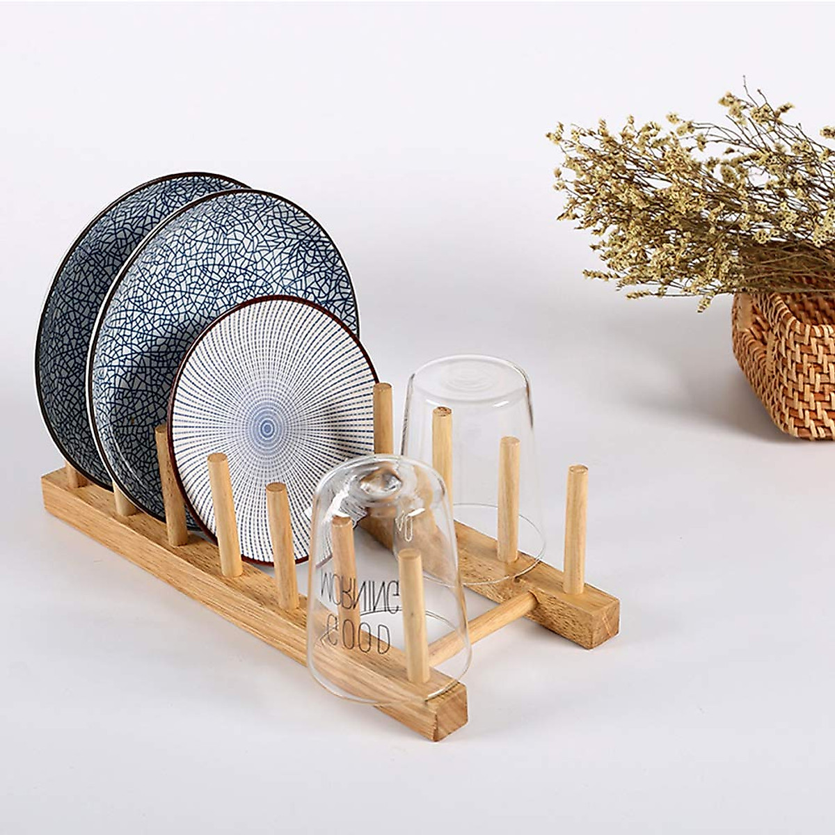 LZYMSZ Set of 2 Bamboo Wooden Dish Rack, Plate Rack Stand Pot Lid Holder, Kitchen Cabinet Organizer for Bowl, Cup, Cutting Board and More