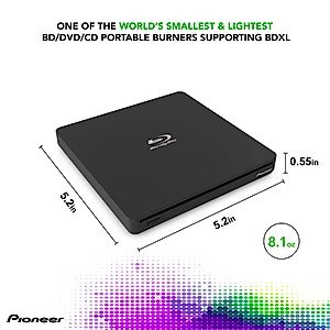 Pioneer BDR-XS07UHD 4K Blu-Ray Portable Burner & DVD Player - 6X Slim External BDXL, BD, DVD & CD Drive for Windows & Mac w/ 3.0 USB, CD Player, Write & Read on Laptop or Desktop w/ Carry Case (Black)