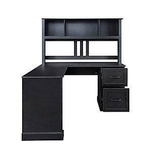 Holaki L Shaped Desk,Computer Desk with Drawers,Bookshelf & Hutch,Modern Corner Desk,Home Office Desk,L-Shaped Study Table Writing Desk,Corner Gaming Computer Desk with Storage(Black)