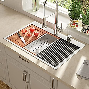 Lordear Kitchen Sink 33 Inch Drop In Kitchen Sink 33 x22 Inch Workstation Single Bowl Topmount 16 Gauge Stainless Steel 10'' Deep Handmade Kitchen Sink with Cutting Board
