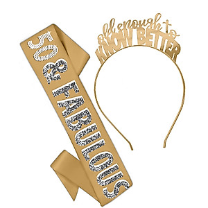 RhinestoneSash 50 & Fabulous Gold Sparkle Sash & Gold Old Enough to Know Better Headband Tiara - 50th Birthday Gift Set Supplies Premium Quality Satin – Gold GSet(50&Fab Headband/Sash) GLD
