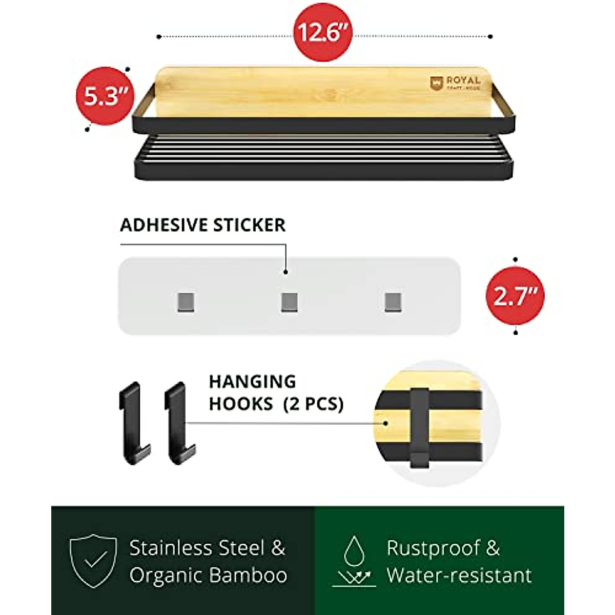 ROYAL CRAFT WOOD Shower Caddy Bathroom Shelf, Bathroom Storage Organizer, Shower Shelf with 2 Hooks, Water & Rust Resistant Iron Basket, Quick & Easy Adhesive Installation for Home & Bathroom Use