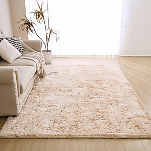 Calctic Fluffy 4x6 Shag Area Rug, Washable Tie-Dyed Beige Large Rug for Living Room and Bedroom, Soft Plush Faux Fur Carpet Ideal for Nursery Boys and Girls, Non-Slip Area Rug Perfect for Playroom