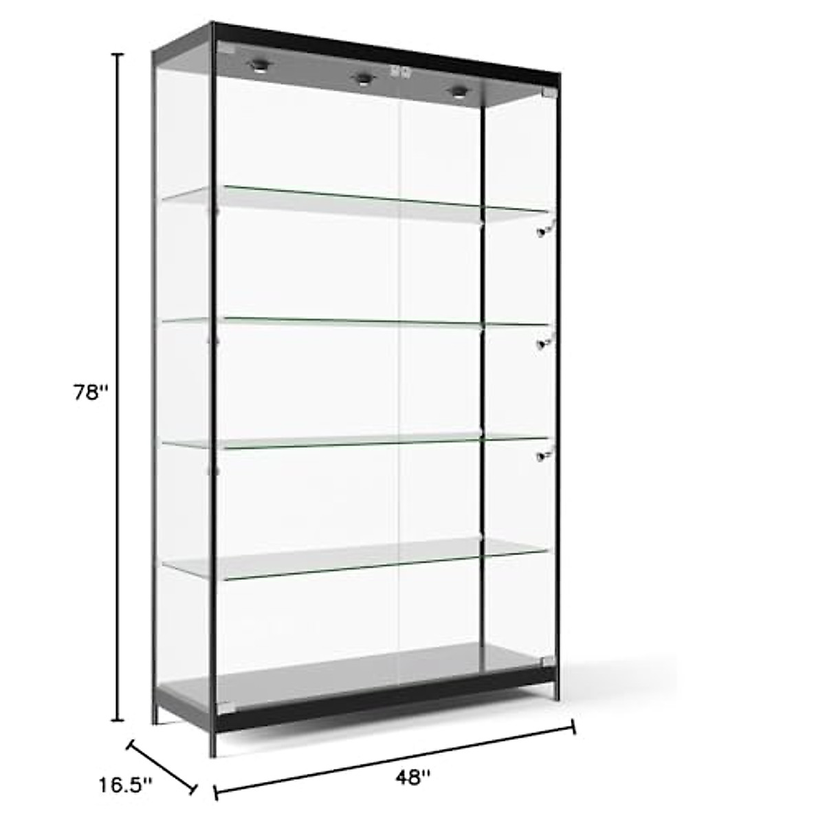Displays2go 48 Inch Glass Display Case, Nine LED Lights, Four Shelves, Lockable Hinged Doors - Black (LESC4816BK)