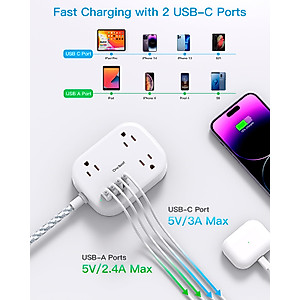 Cruise Ship Essentials, Travel Power Strip with USB C, Flat Plug Extension Cord with 3 Outlets 4 USB Ports(2 USB C), 5 ft Desk Wall Outlet Extender, Non Surge Protector for Cruise, Dorm Room, ETL