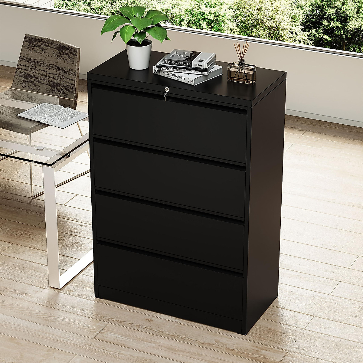 Greenvelly 4 Drawer Lateral File Cabinet with Lock, Locking Filing Cabinet, Metal Steel File Drawers Cabinet for Home Office, Horizontal File Cabinets for Legal/Letter/A4/F4 Size with Hanging Bars&Key