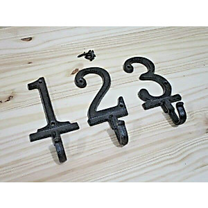 3 Cast Iron Coat Hooks 1 2 3 Numbers Numbered Rustic Hallway Entryway Old Style for Mudroom, Coat Hook, Purse Rack, Hat Hooks
