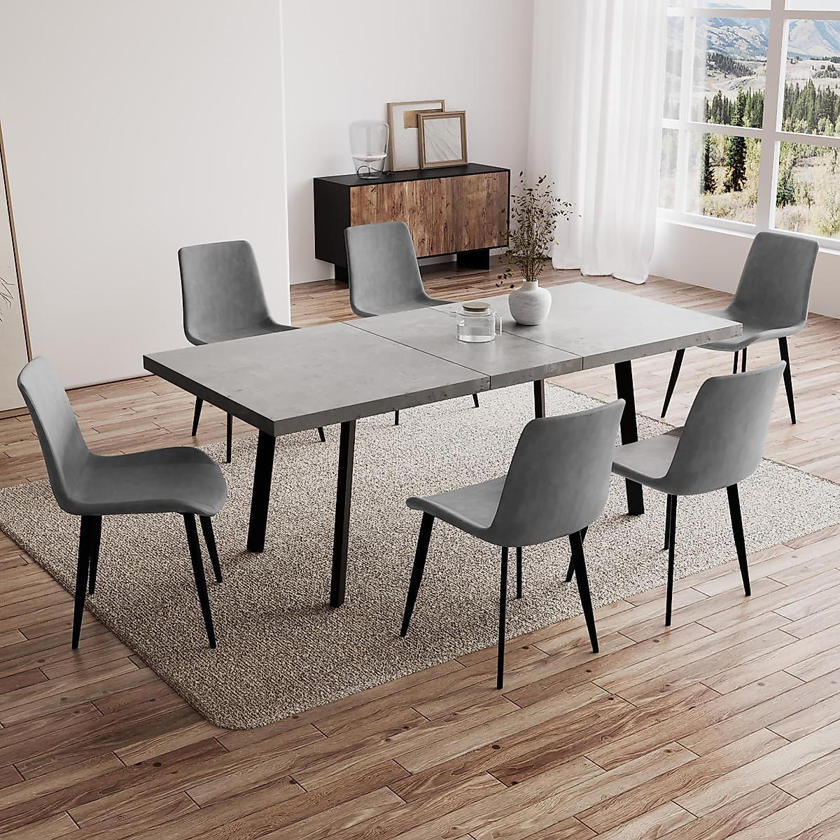 Zerifevni 7 Piece Dining Table Set, 62 Inch Modern Kitchen Table with 6 Dining Chairs for 4-6 Person, Expandable MDF Dining Table with Steel Legs for Dining Room, Kitchen, Save Space