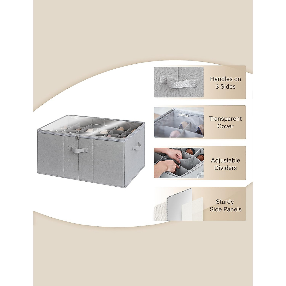 StorageWorks Shoe Organizer for Closet, Extra Large Fabric Shoe Storage Bins with Clear Cover, Adjustable Dividers for Shoe Storage, Grey, 1-Pack, Fits up to 24 Pairs