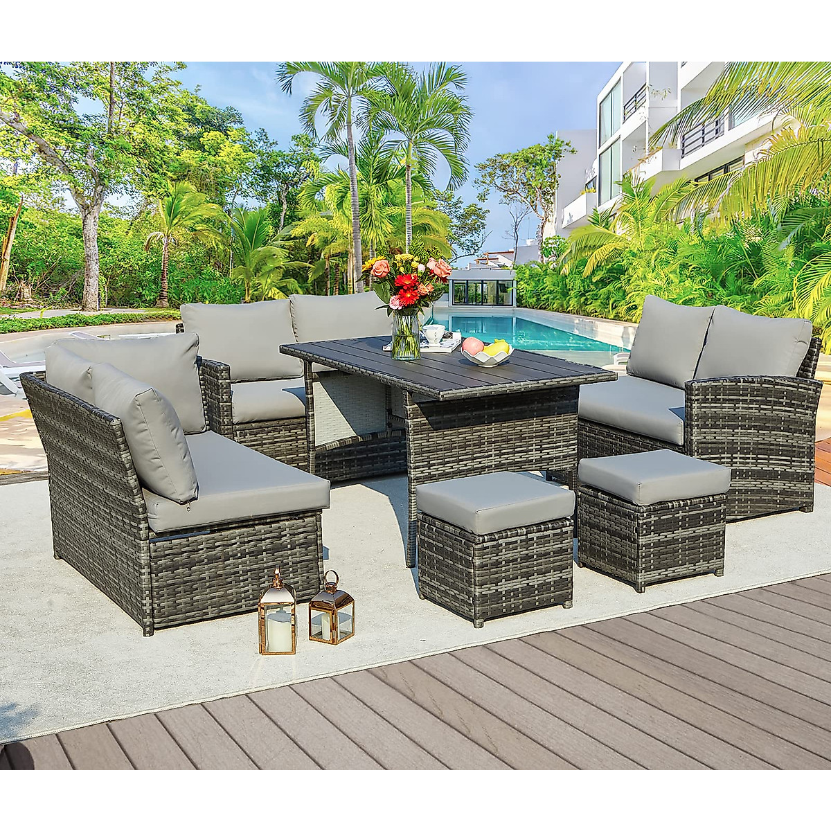 AECOJOY Patio Furniture Set, 7 Pieces Outdoor Patio Furniture with Dining Table&Chair, All Weather Wicker Conversation Set with Ottoman,Grey