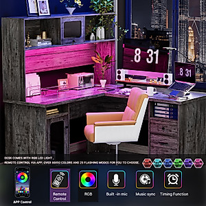 Unikito Office Desk with Drawers and Hutch, Large L Shaped Computer Desk with Power Outlet and LED Lights, 60 Inch Modern Corner Desk with File Cabinets, Sturdy 2 Person Home Office Table, Gray Oak