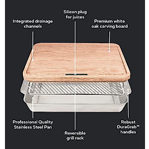 ooni Medium 15" x 10" Roasting Pan - Non Stick Stainless Steel Roasting Tray with Rack and Wooden Carving Meat Board, Ovensafe Cookware, Roaster Tin