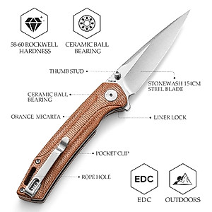 TRIVISA Folding Pocket Knife for Men，Outdoor EDC Flipper Knives with Clip, 3.26" 154CM Steel Blade & Micarta Handle，Ball Bearings Pivot,Gift for Camping Fishing Hiking Survival.Volans-04O