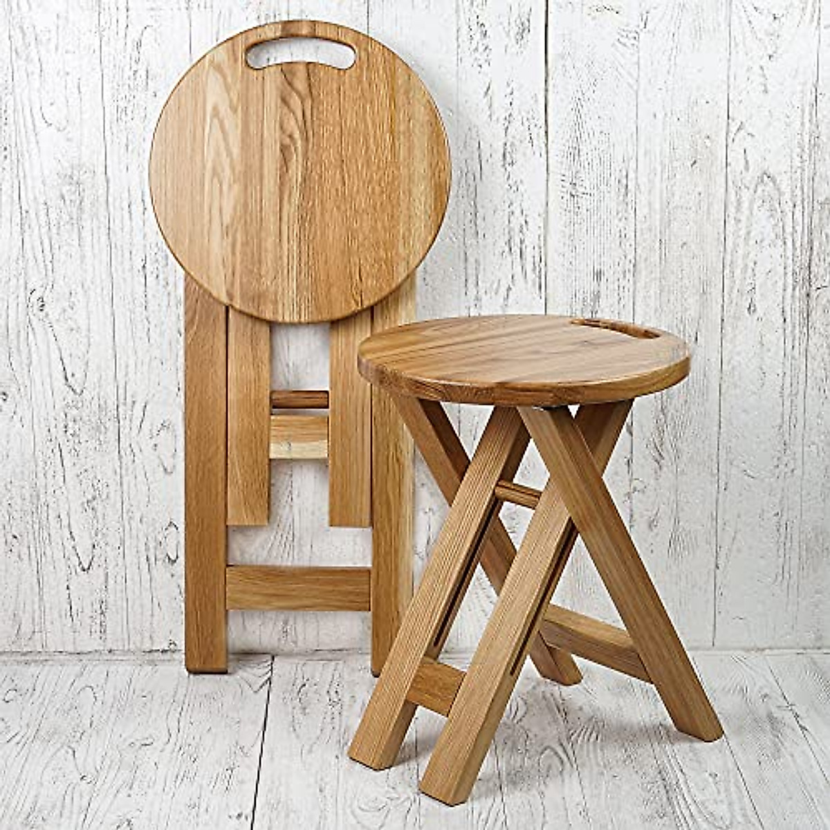 AllAboutEmbroideryUA Folding Oak Stool Beige Natural Organic Wooden seat Side Table Porable Compact Chair Kitchen Furniture Handmade Hight 17.7 inches (45 cm) (Oak Beige)