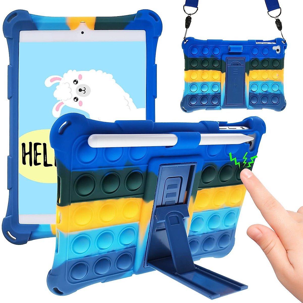 iZi Way Pop It iPad Tablet Case, iPad 9th / 8th / 7th Generation Case 10.2" Kids Boys, Fidgets Poppet Puppet Pop Its Bubble Silicone Case, Stand, Strap, Pencil Holder for 10.5" iPad Pro/Air 3 – Blue