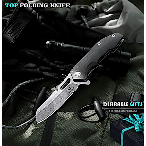 WALLOPTON Camping Folding Knife - S35VN Powder Steel G10 Handle Comfortable Grip - Great for Cutting Hunting Hiking Survival, Father’s Day Gifts for Men Husband Dad. Include Sheath & Screwdriver