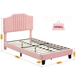 IDEALHOUSE Twin Bed Frame Upholstered Platform with Headboard, Strong Frame and Wooden Slats Support, Velvet Fabric Wrap, Non-Slip and Noise-Free,No Box Spring Needed, Easy Assembly, Pink