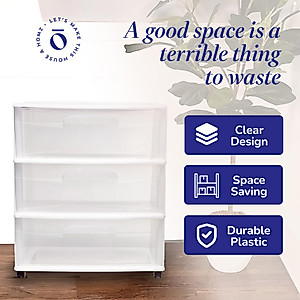 HOMZ Drawer Tower, 3-Tier Wide Clear Plastic Storage Organizer Cart, White Frame