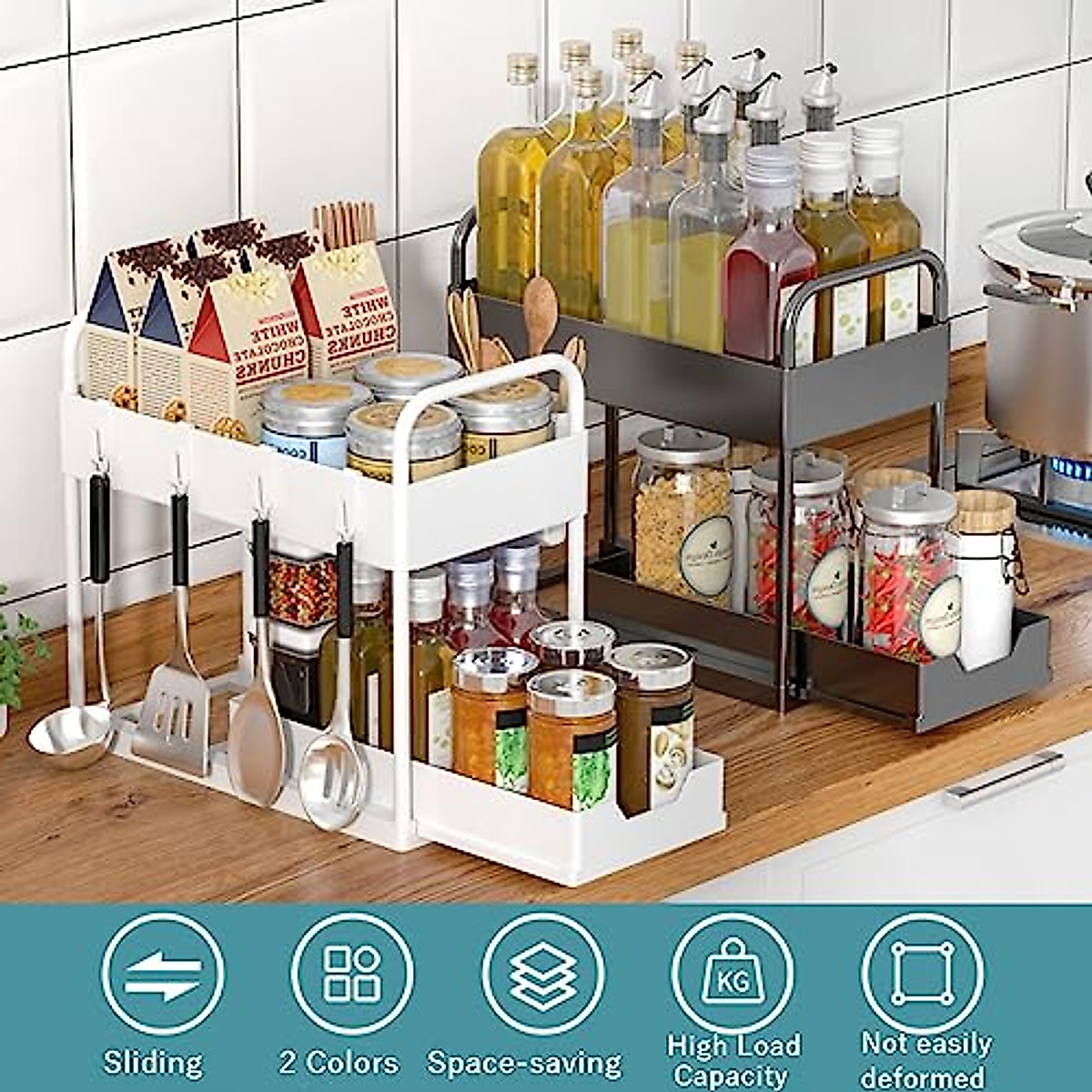 Hoffnugshween Under Sink Organizers and Storage, Slide out Drawer Kitchen Bathroom Under Sink Storage Rack, Bathroom Cabinet Organizer Shelf Baskets 2 Tier Large Capacity (1 Pack) (White)