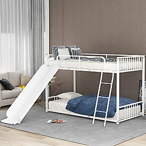 RUNWON Twin Over Twin Low Bunk Bed with Slide, Metal Floor Bedframe w/Easy Climp Ladders and Full Length Safety Guard Rails for Kids Bedroom