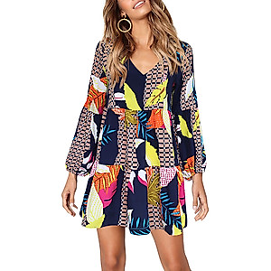 Amoretu Dresses for Women Pattern Casual V Tunic Dresses, Spring, Summer, 2025 (Printed Geometry, L)
