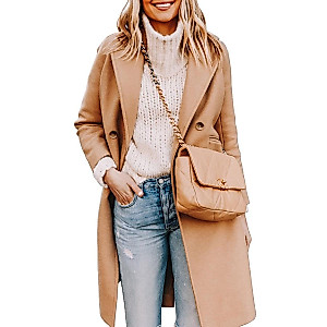 Yousify Womens Notched Lapel Collar Double Breasted Pea Coat Winter Wool Blend Over Coats Long Jackets Camel M