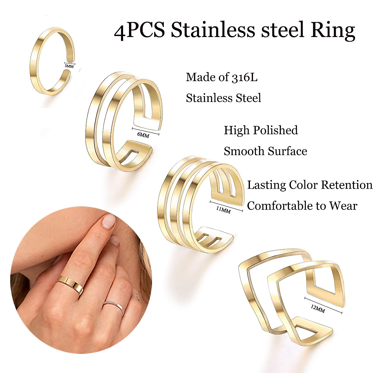 LOYALLOOK 4Pcs 316L Stainless Steel Stackable Knuckle Midi Rings for Women's Minimalist Chevron V Ring Line Adjustable Nail Thumb Ring Set