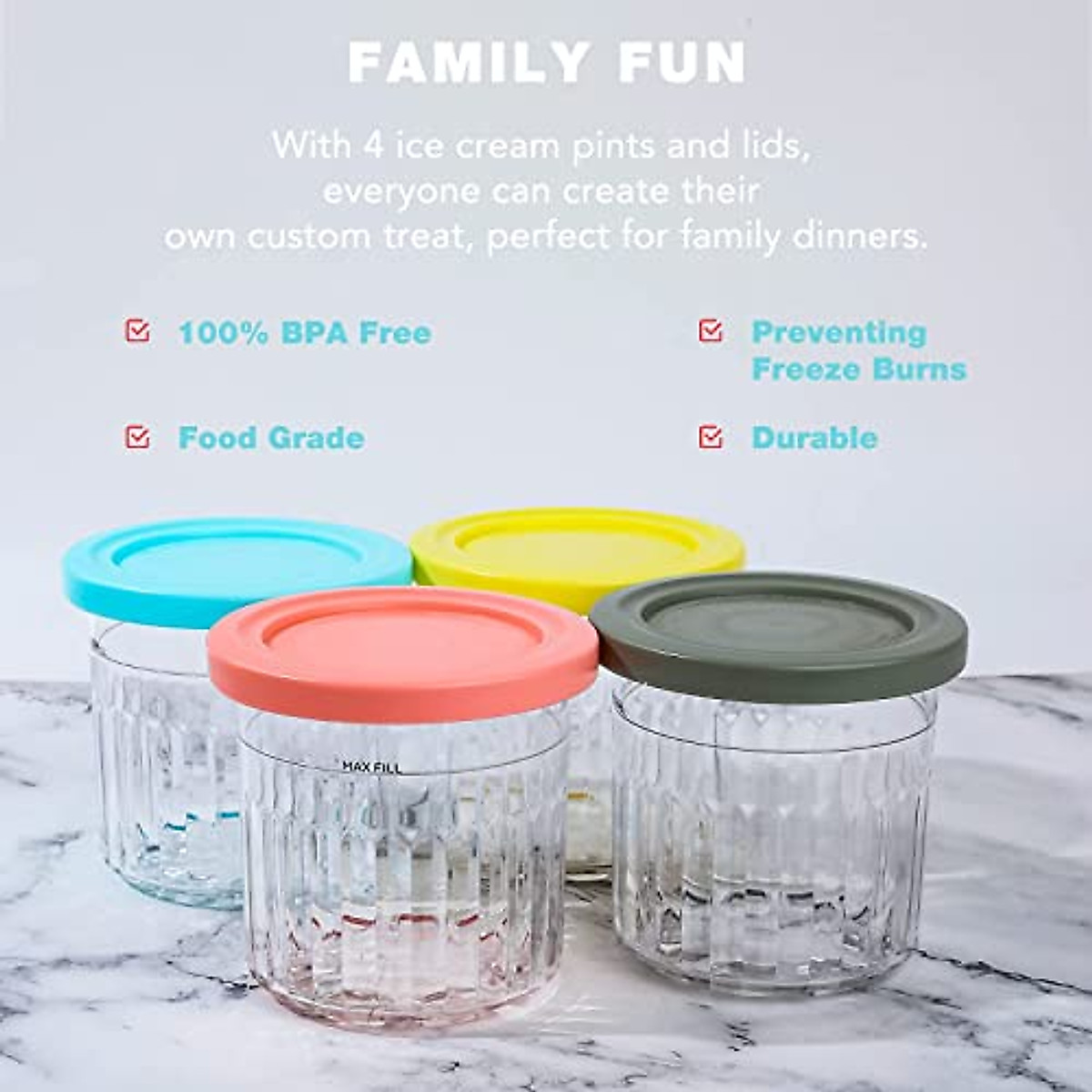 LP 4 Pcs Ice Cream Pints Containers and Lids, 16oz Cups Compatible with NC301 NC300 NC299AMZ Series Creami Ice Cream Makers, Creami Deluxe Pint Containers, BPA-Free, Dishwasher Safe