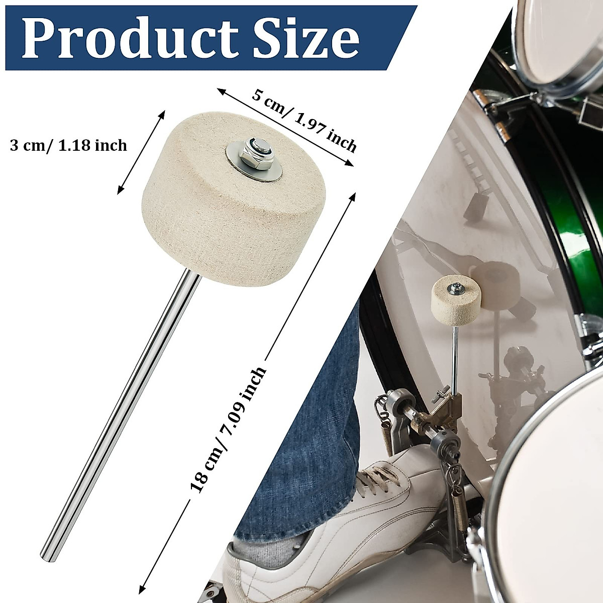 2 Pieces White Felt Bass Drum Beater Set, Kick Drum Foot Pedal Beater Drum Accessories Parts for Kick Drum Pedal