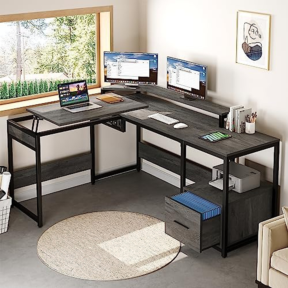YITAHOME L Shaped Desk with File Drawer, 65" Large Computer Desk Corner Desk with Lift Top, Standing Desk Height Adjustable with Monitor Stand & Storage Shelves for Home Office, Grey