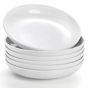Fasmov Melamine Pasta Bowls, 6 Pack 8 inches 20 Oz Large Salad Serving Bowls, Shallow Salad Bowls, Plastic Dinner Deep Plates, Dishwasher Safe, White