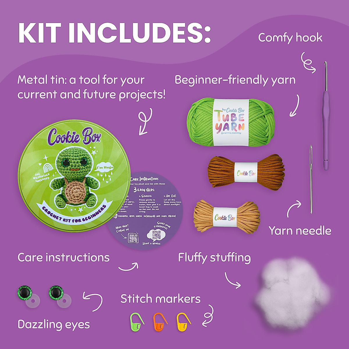 Cookie Box Crochet Kit for Beginners - Learn to Crochet Amigurumi Stuffed Animals - Gift - for Kids (13+) and Adults - Beginner-Friendly Yarn - Stitch-by-Stitch Video Tutorial - Turtle Hugo