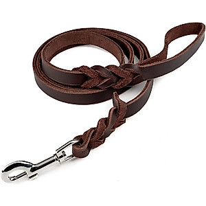 Mighty Paw Braided Leather Dog Leash - Heavy Duty Genuine Pet Lead - Soft Handle - Strong Metal Swivel Clip - Leather Braided Leash for Large Dogs - Dog Leashes Leather - 6’ Standard/Brown
