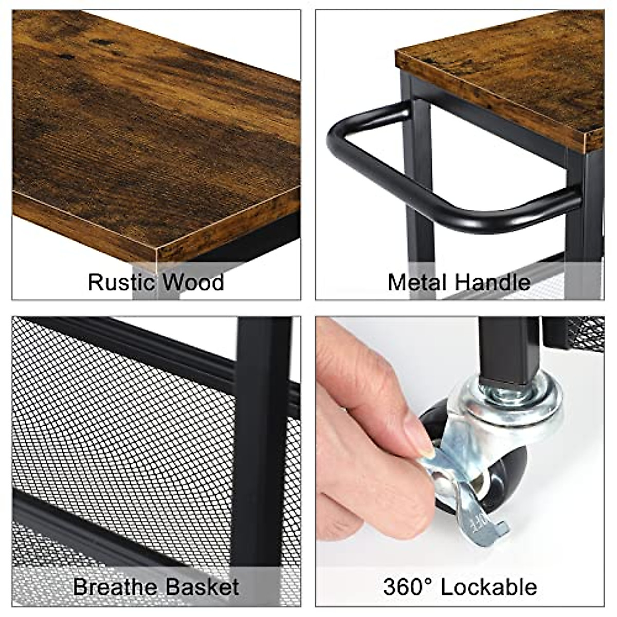 4 Tier Slim Rolling Cart, Narrow Shelf Storage Cart for Small Space, Slide Out Narrow Cart with Wooden Top, Metal Handle and Wire Mesh for Narrow Space on Kitchen, Bathroom, Laundry Room, Black.