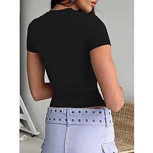 Dwnval Women Sexy Basic T Shirts Tops Spring Summer Short Sleeve Crewneck Slim Fit Cute Crop Top Blouses(Black, S)