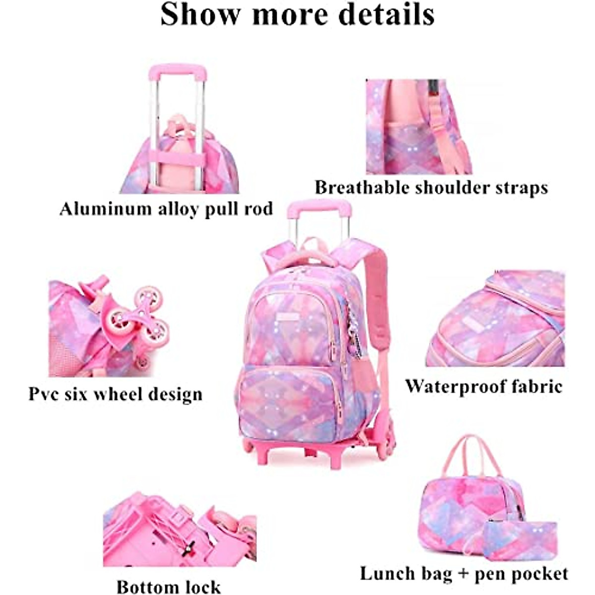 Diamond,Geometric 3Pcs Kids Rolling Backpack Set Wheeled Elementary School Bag Trolley Bookbag for Boys